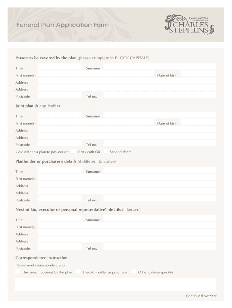 Fillable Online Funeral Plan Application Form Funeral Service Fax Email ...
