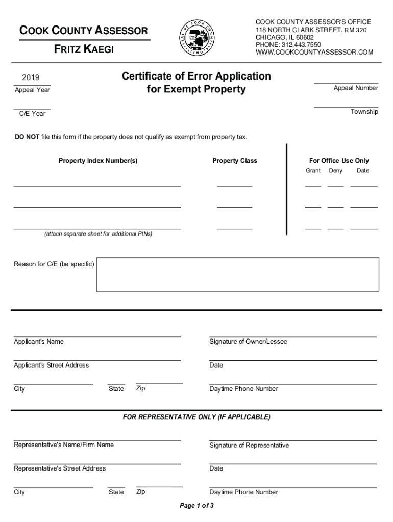 Fillable Online 2019 Certificate of Error Application for Exempt ...