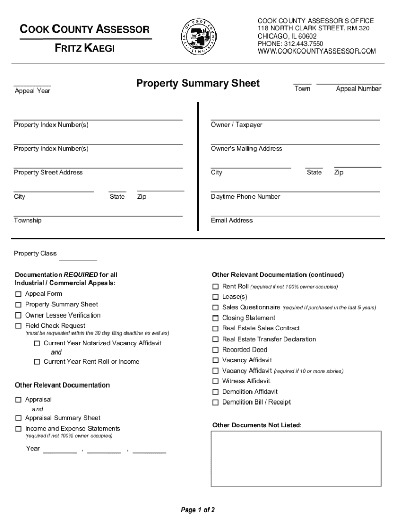 Fillable Online Property Summary Sheet - legacy.cookcountyassessor.com ...