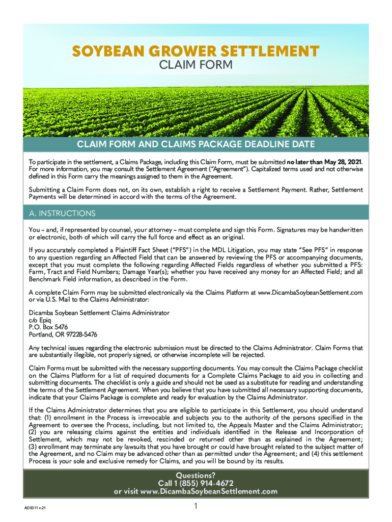 Fillable Online Claim Form - Dicamba Soybean Grower Settlement Fax ...