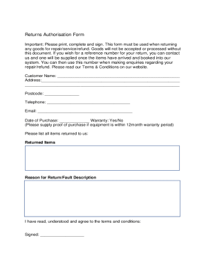 Fillable Online Returns Authorisation Form.docx Fax Email Print - pdfFiller