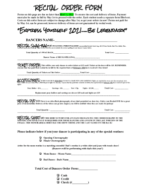 Fillable Online RECITAL ORDER FORM Express Yourself 2021..Be Legendary ...