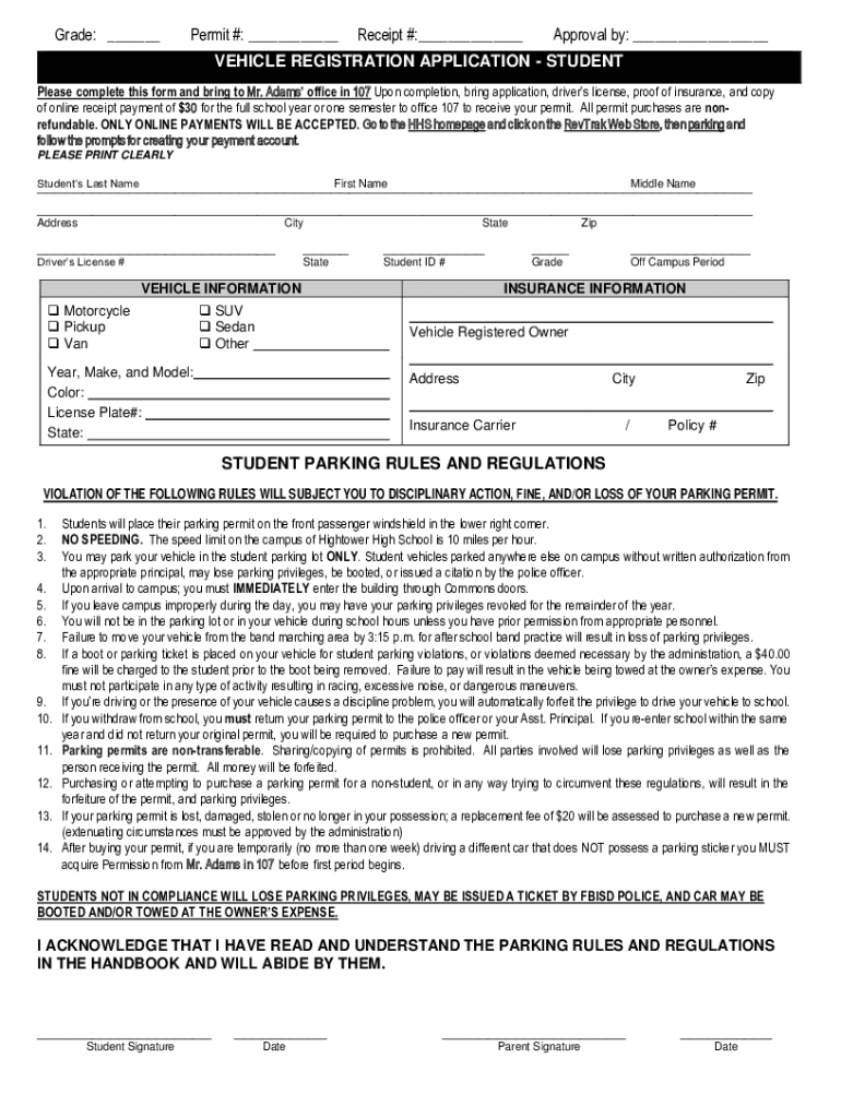 Fillable Online VEHICLE REGISTRATION APPLICATION - STUDENT Fax Email ...