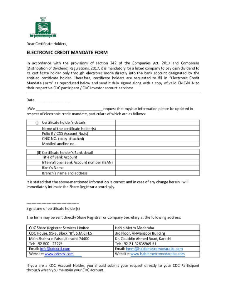 Fillable Online ELECTRONIC CREDIT MANDATE FORM - HabibMetro Modaraba ...