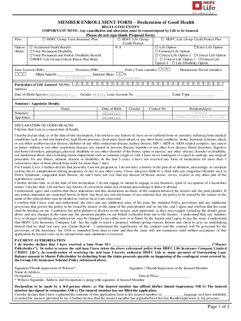 Fillable Online MEMBER ENROLLMENT FORM Declaration of Good Health Fax ...