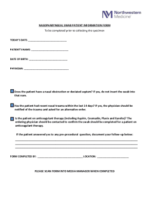 Fillable Online NASOPHARYNGEAL SWA PATIENT INFORMATION FORM To be ...