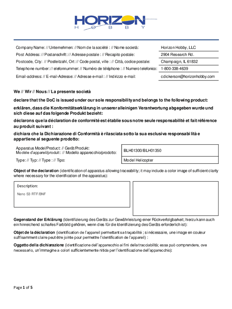 Fillable Online Declaration of Conformity - Horizon Hobby Fax Email ...