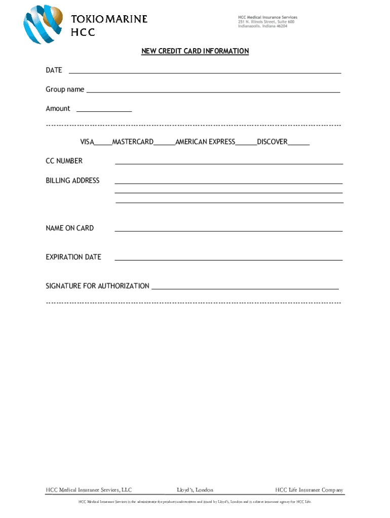 Fillable Online Tokio Marine HCC - Credit Card Update Form. Tokio ...