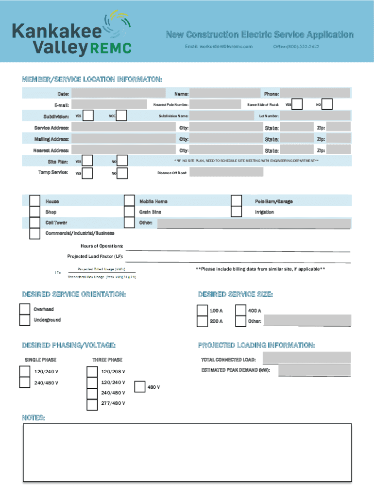 Fillable Online New Construction Electric Service Application - kvremc ...