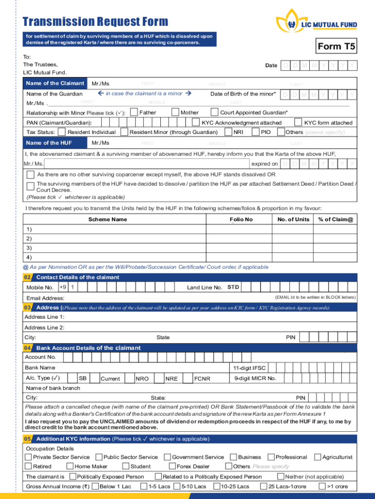 Fillable Online T5 Transmission Request Form where HUF is dissolved ...