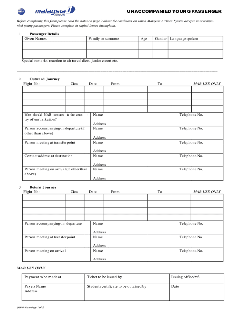 Fillable Online Unaccompanied minorsTravel informationAmerican Airlines ...