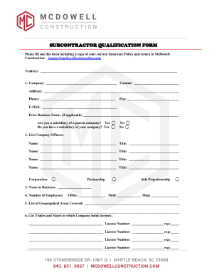 Fillable Online SUBCONTRACTOR QUALIFICATION FORM - Mcdowell ...