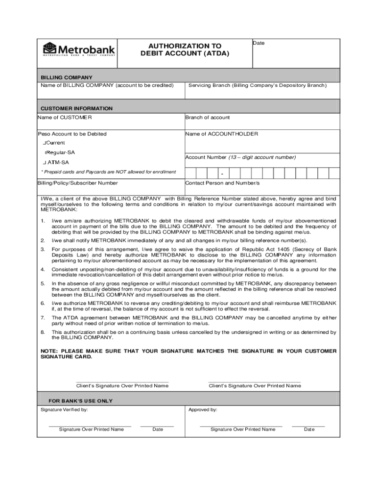 Fillable Online AUTHORIZATION TO DEBIT ACCOUNT ATDA - Insular Life ...