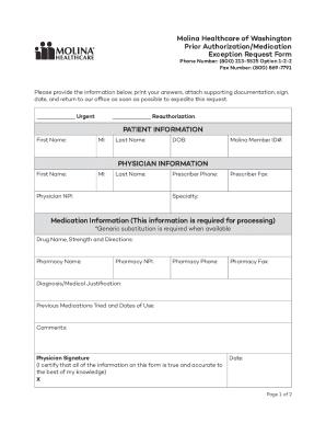 Fillable Online Medication Exception Request Form. Molina Healthcare of ...