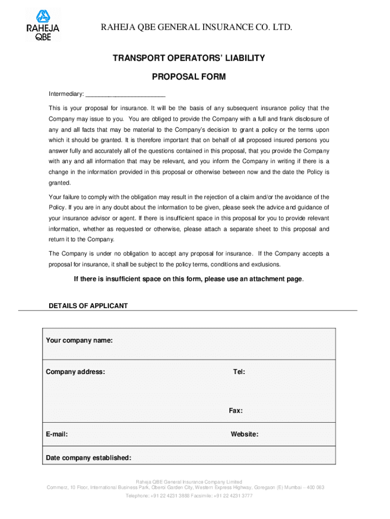 Fillable Online Microsoft Transport Operators Liability - Proposal Form ...