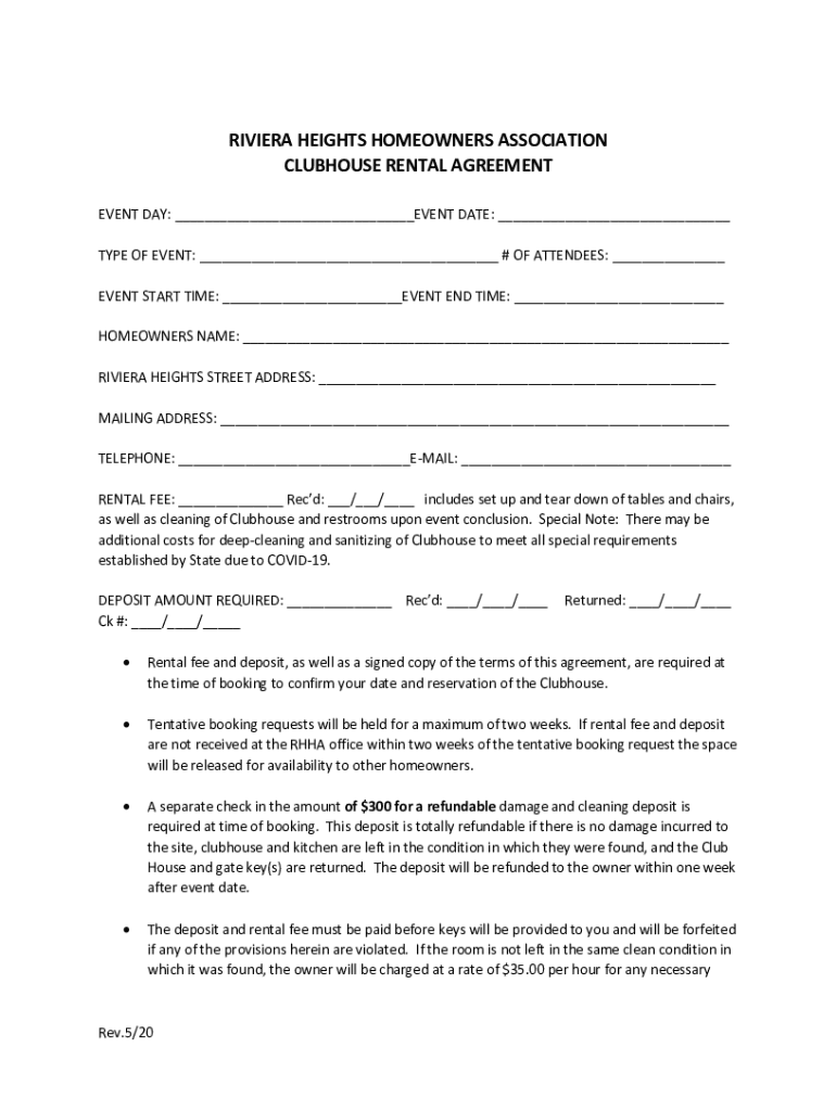 Fillable Online RIVIERA HEIGHTS HOMEOWNERS ASSOCIATION CLUBHOUSE RENTAL ...
