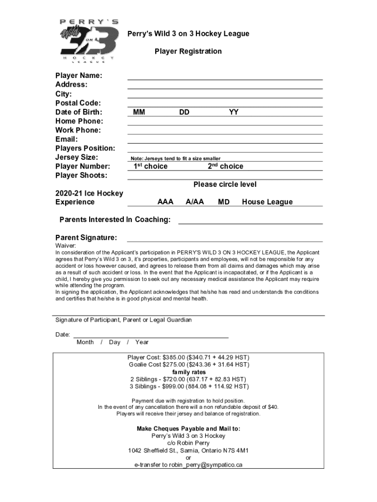 Fillable Online Fillable Online Perrys Wild 3 on 3 Hockey League Player ...