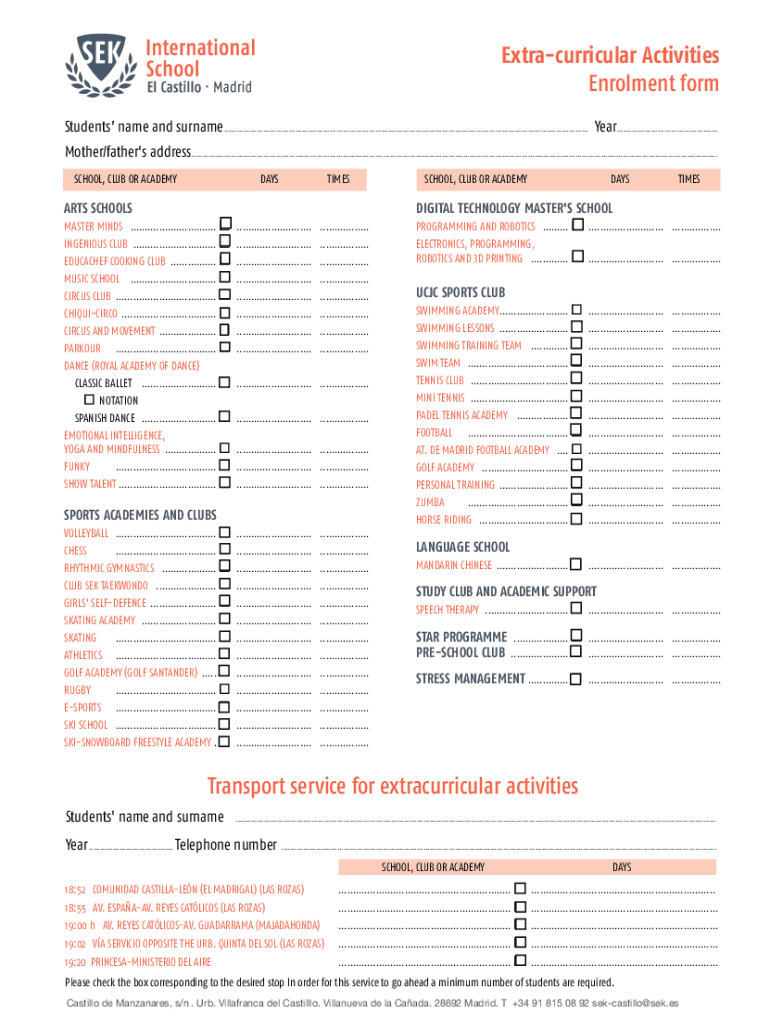 Fillable Online Extra-curricular Activities Enrolment form Transport ...