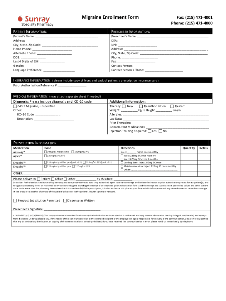 Fillable Online Migraine Enrollment Form Fax: (215) 471-4001 Phone ...