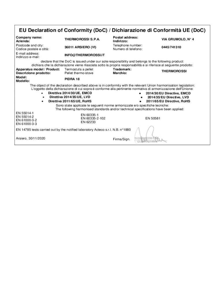 Fillable Online Dichiarazione di conformit UE EU Declaration of ...