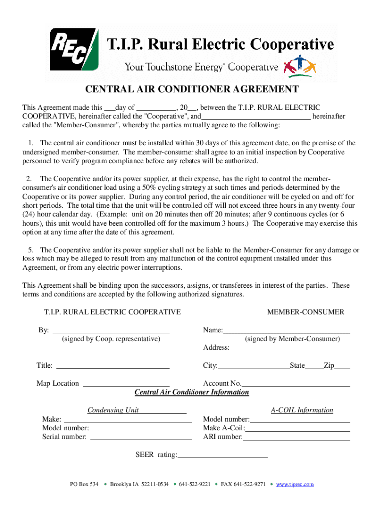 Fillable Online CENTRAL AIR CONDITIONER AGREEMENT - T.I.P. Rural ...