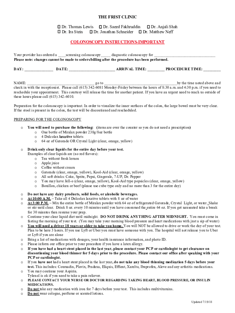 Fillable Online The Frist Clinic Colonoscopy Instructions - Important ...