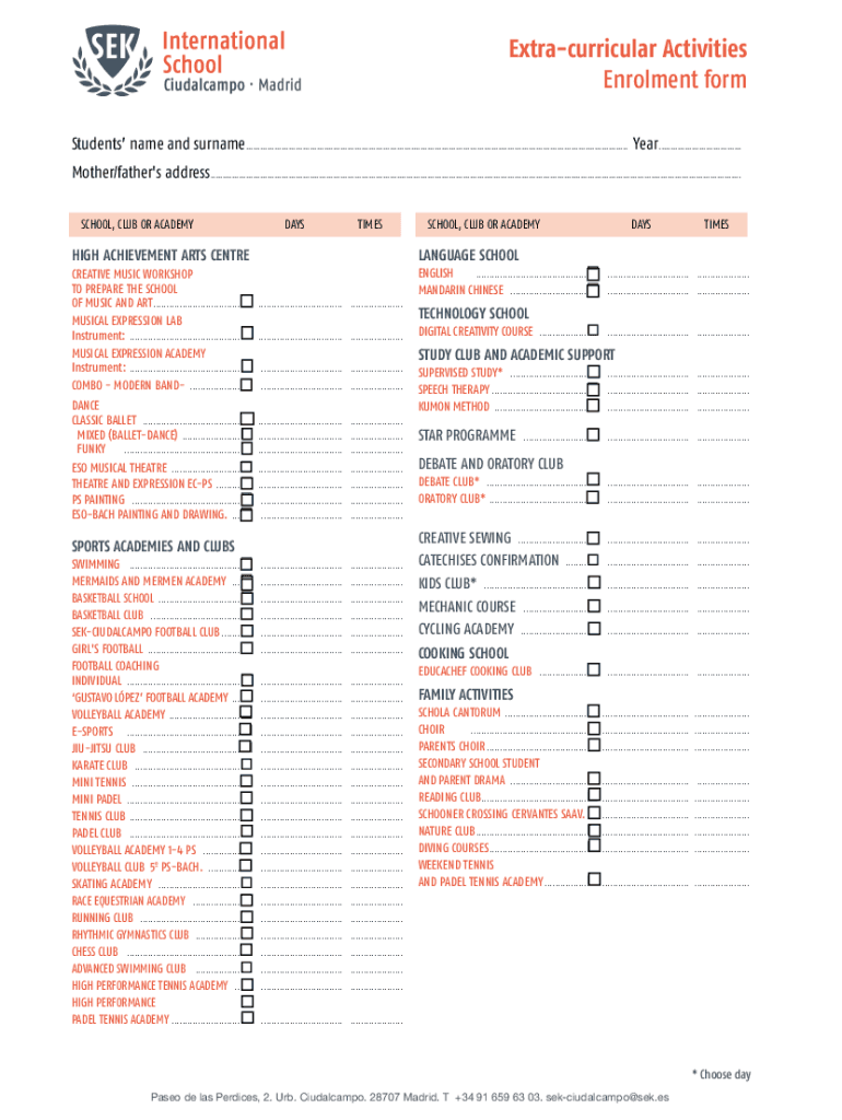 Fillable Online Extra-curricular Activities Enrolment form Fax Email ...