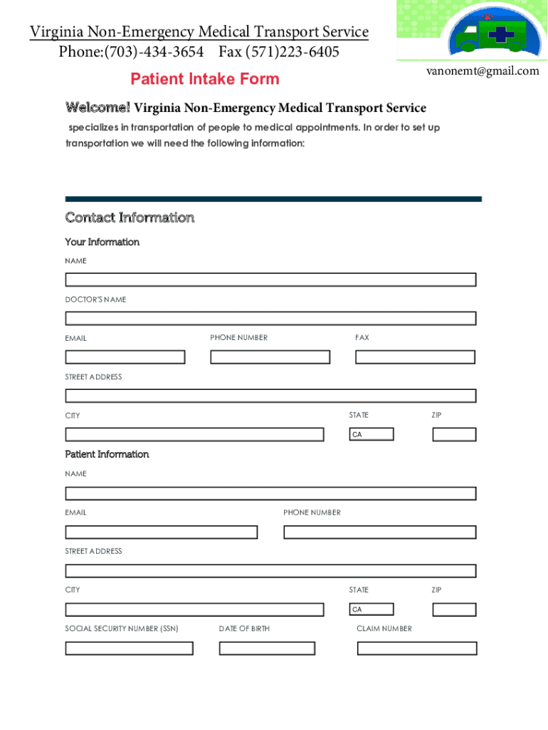 Fillable Online Patient Intake Form - Non-Emergency Medical ...