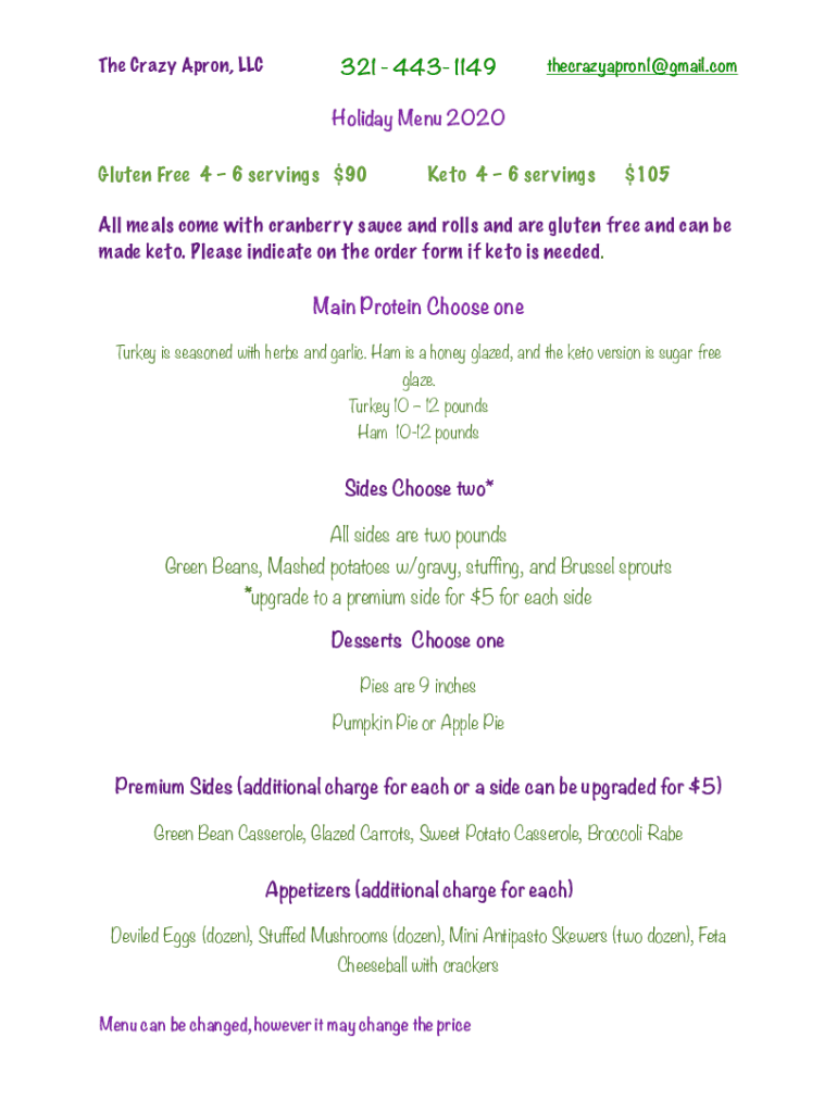 Fillable Online Meal Menu and Order Form 2020 Fax Email Print - pdfFiller