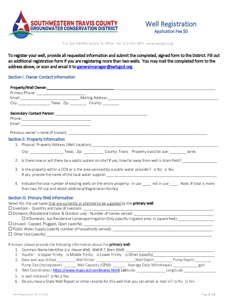 Fillable Online Well Registration Form, v10152020.docx Fax Email Print ...
