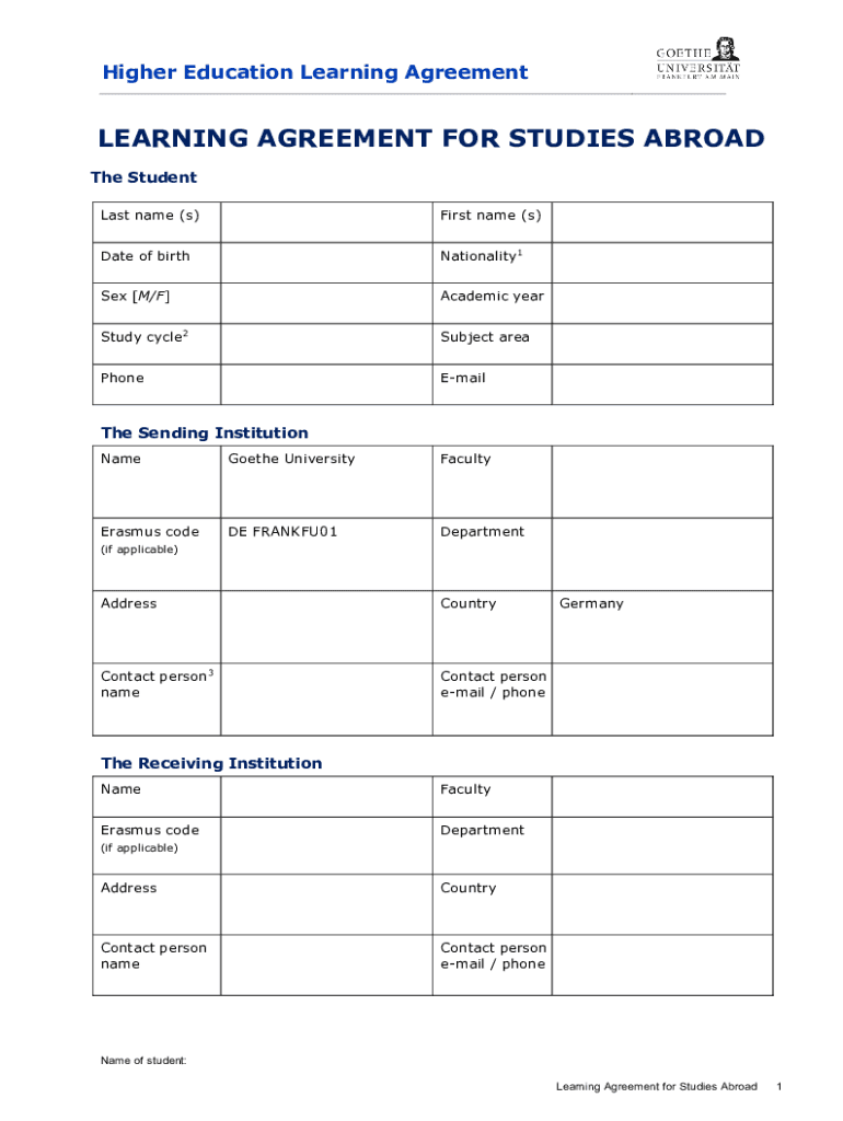 Fillable Online Higher Education: Learning Agreement Student Mobility ...