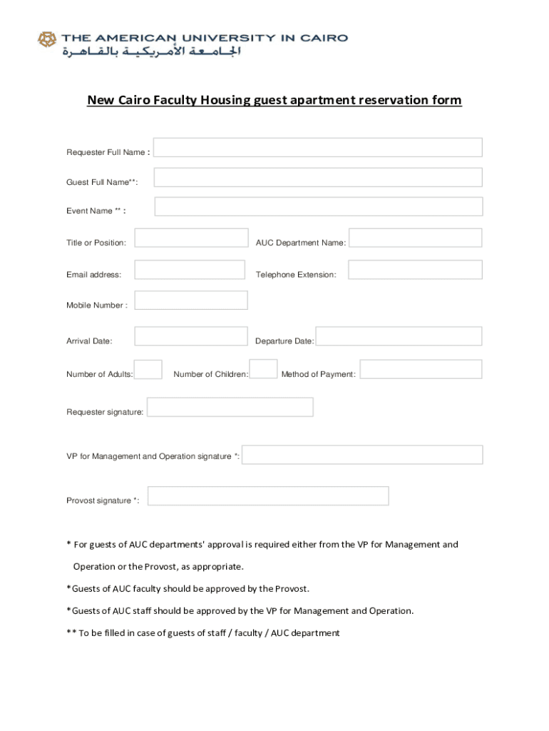 Fillable Online documents aucegypt New Cairo Faculty Housing guest apartment reservation form ...