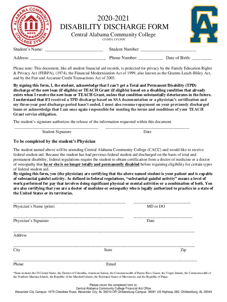 Fillable Online 2020-2021 DISABILITY DISCHARGE FORM Fax Email Print ...