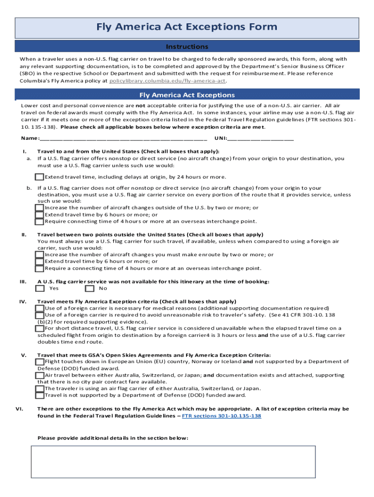 Fillable Online FLY AMERICA ACT EXCEPTIONS FORM INSTRUCTIONS REQUIRED ...