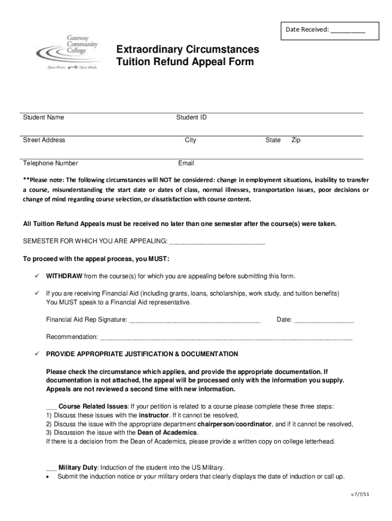 Fillable Online Tuition Refund Appeal Form - gatewayct.edu Fax Email ...