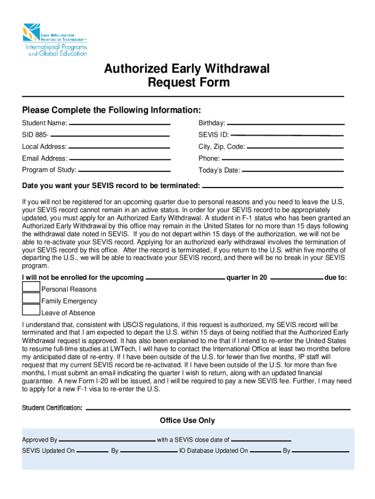 Fillable Online Authorized Early Withdrawal Request form. Authorized ...