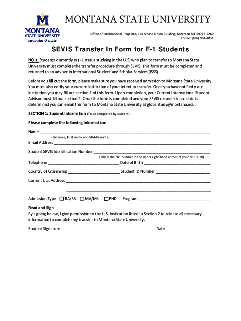 Fillable Online SEVIS Transfer-In Form for F-1 Students. Form to Transfer SEVIS Record to ...