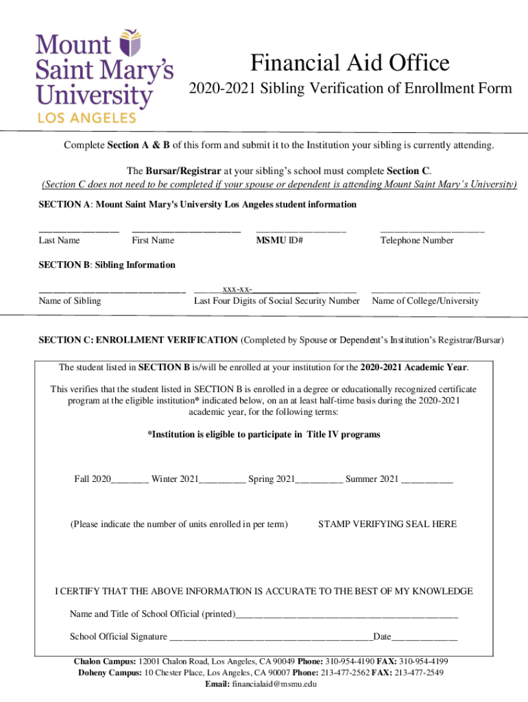 Fillable Online SIBLING ENROLLMENT VERIFICATION FORM 2020-2021 ...
