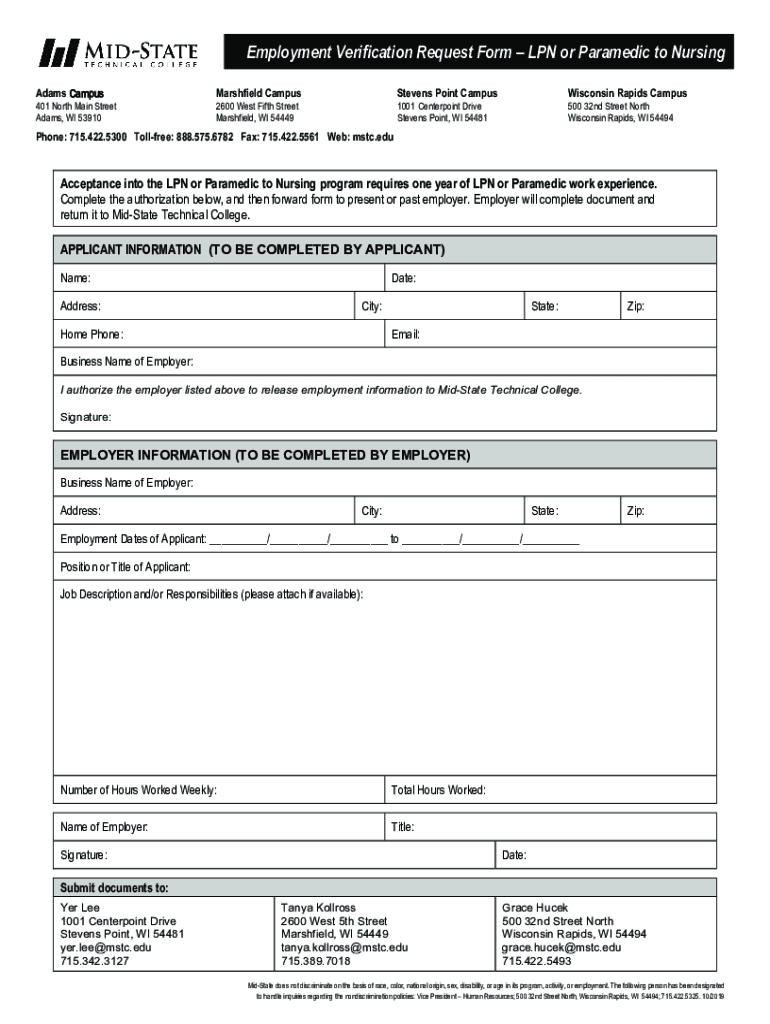 Fillable Online Employment Verification Request LPN or Paramedic to ADN ...