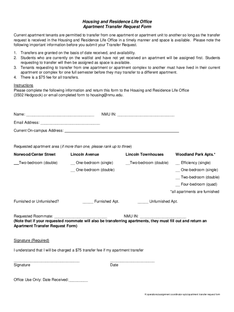 Fillable Online Housing and Residence Life Office Apartment Transfer ...
