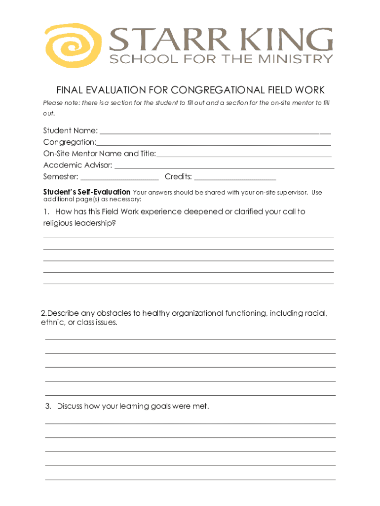 Fillable Online Congregational Field Work Learning Agreement Fax Email ...