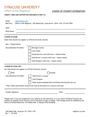 Fillable Online registrar syr Change of student infoemation. Form for change of student ...