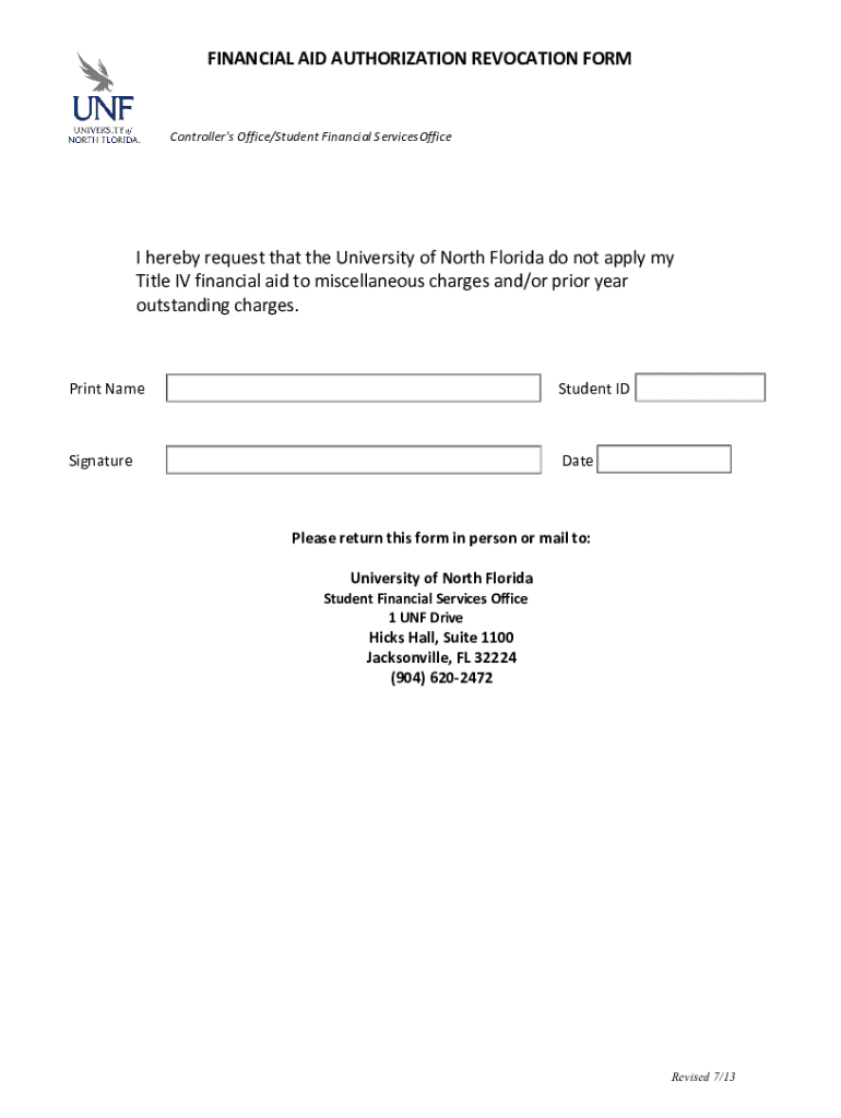 Fillable Online Financial Aid Authorization Revocation Form Fax Email ...