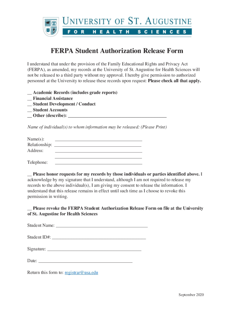Fillable Online STUDENT RELEASE OF RECORDS FERPA AUTHORIZATION FORM (Family ... Fax Email Print ...