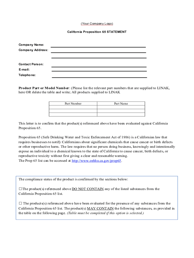 Fillable Online Prop 65 declaration template Fax Email Print - pdfFiller