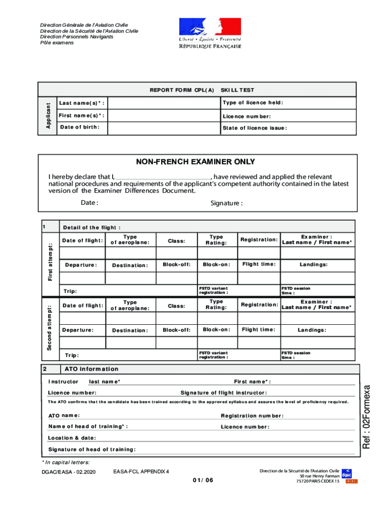 Fillable Online application form for cpl(a) skill test for the issue of ...