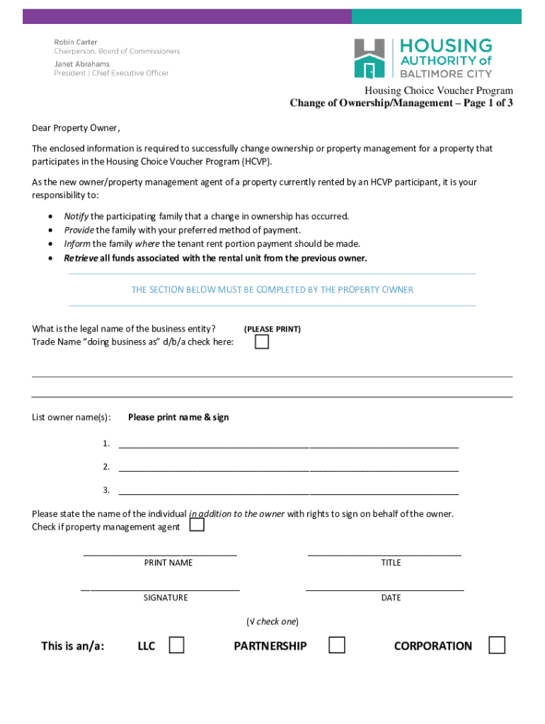 Fillable Online RE: Change of Ownership - Housing Authority of the ...