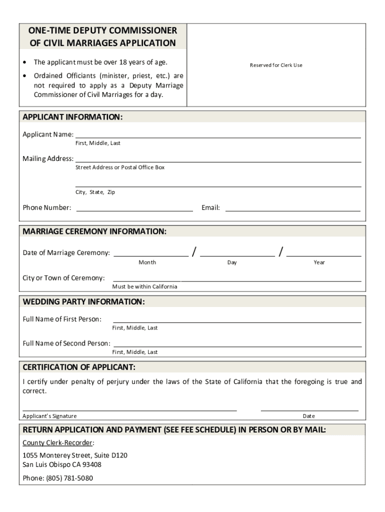 Fillable Online Deputy Marriage Commissioner for the Day - County of ...