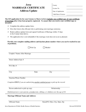 Fillable Online IOWA MARRIAGE CERTIFICATE ADDRESS UPDATE Fax Email Print - pdfFiller