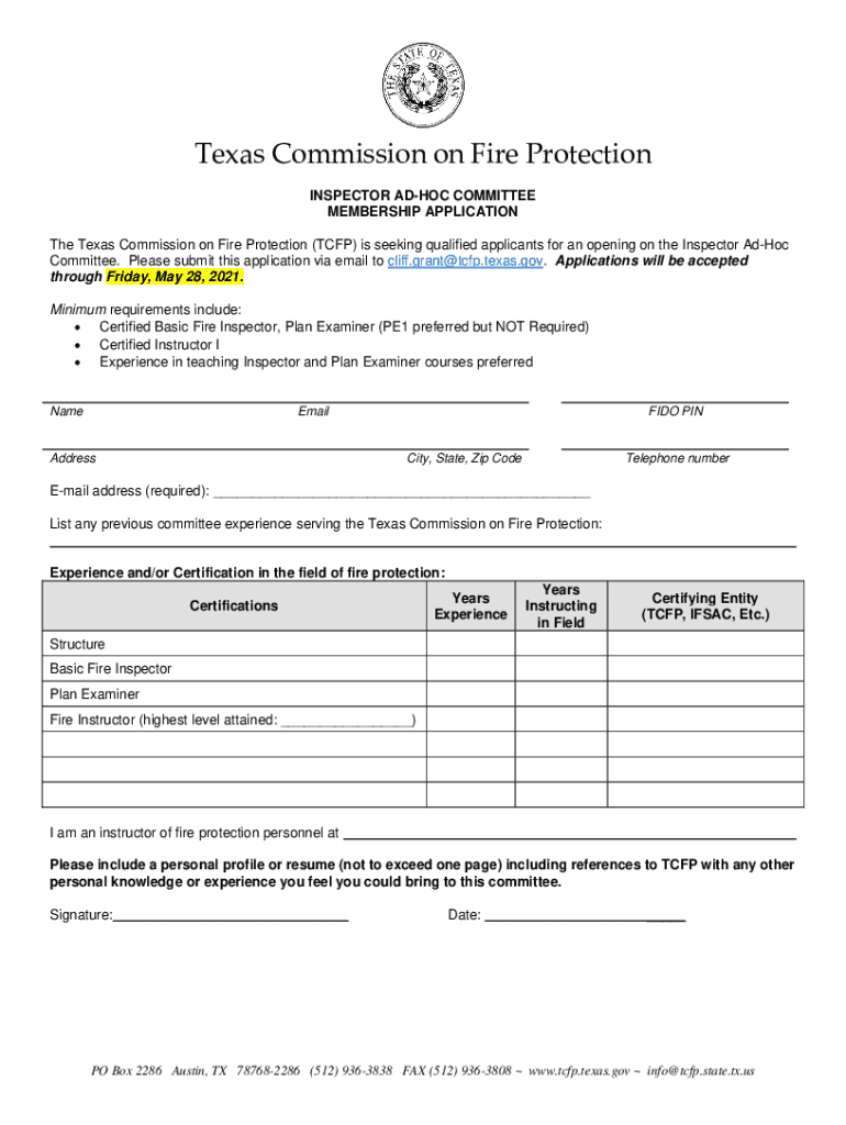 Fillable Online Texas Commission on Fire Protection, 1701 Congress Ave ...